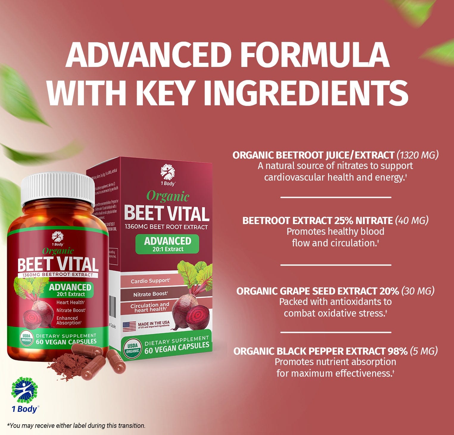 1 Body Beet Vital Organic Beet Root Capsules, 1360mg, 20:1 Concentrated ...